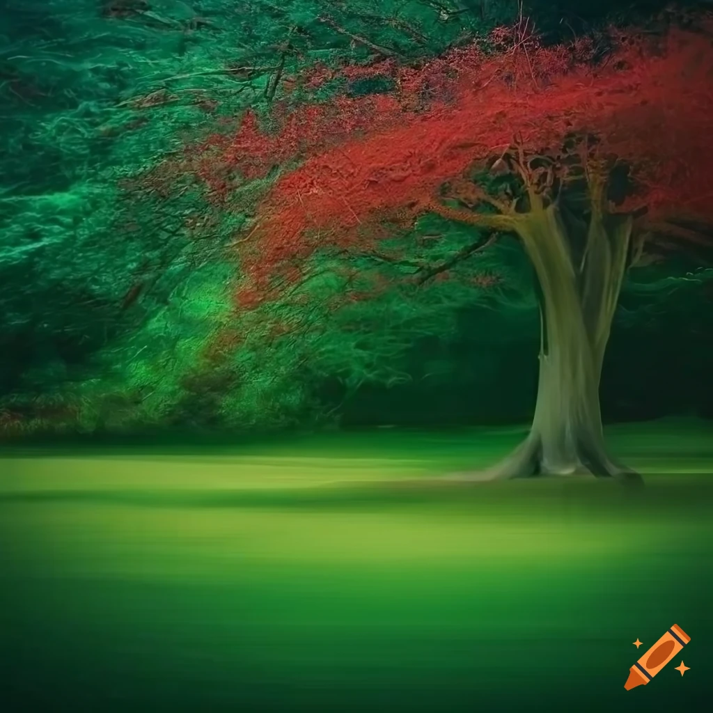 Album cover of "the garden" with a realistic tree in a green and red haze