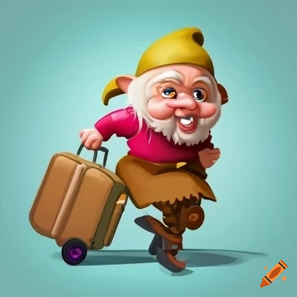 Cartoon dwarf running with a suitcase on wheels on Craiyon