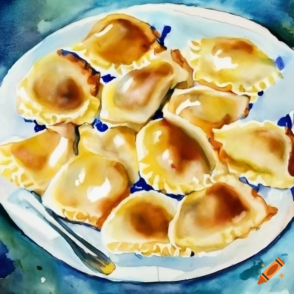 Watercolor painting of varenyky (pierogi with potato and cheese) on Craiyon