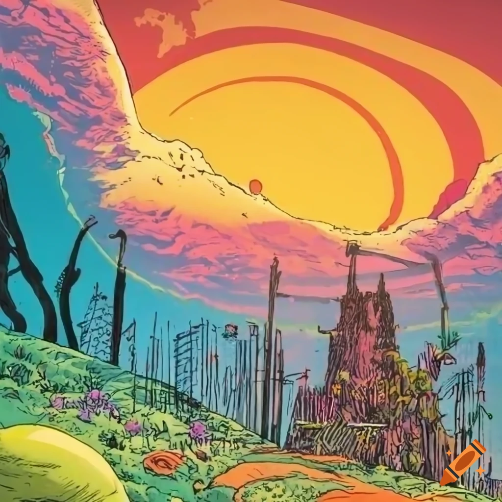 Lithograph illustration of a garden in comic book style on Craiyon