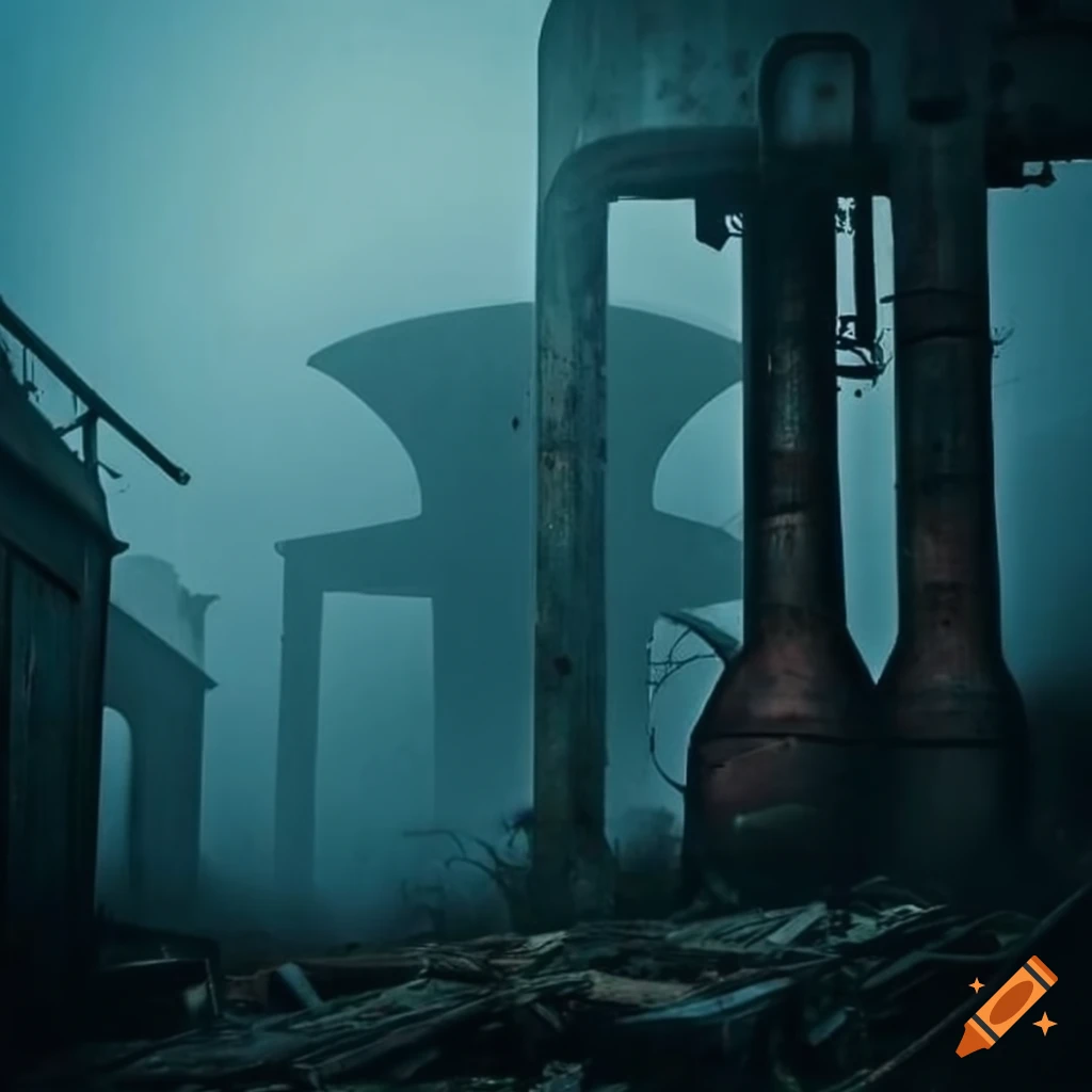 Artistic depiction of an abandoned industrial complex in fog