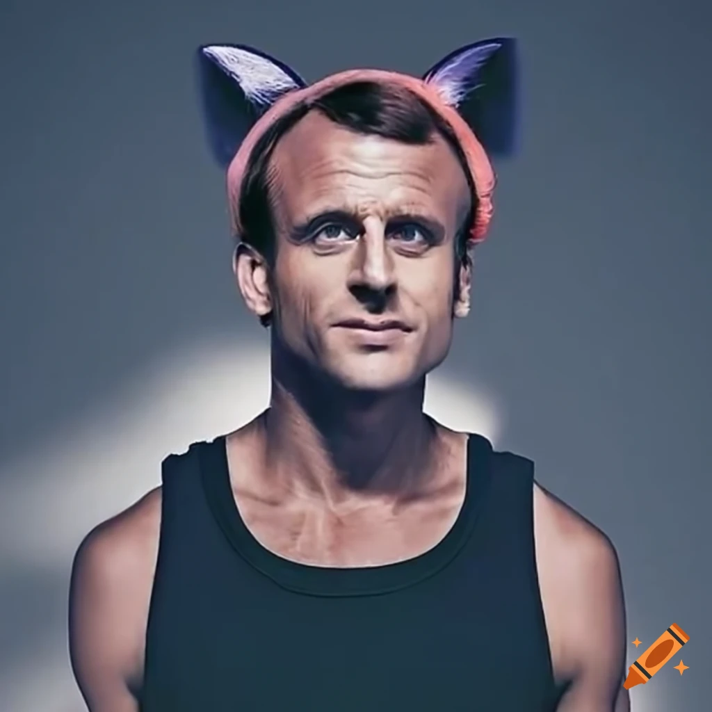 Satirical image of Macron wearing a tank top and cat ears on Craiyon