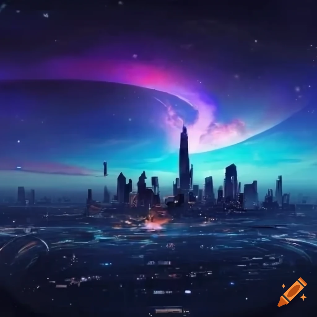 Futuristic city with galaxy sky on Craiyon