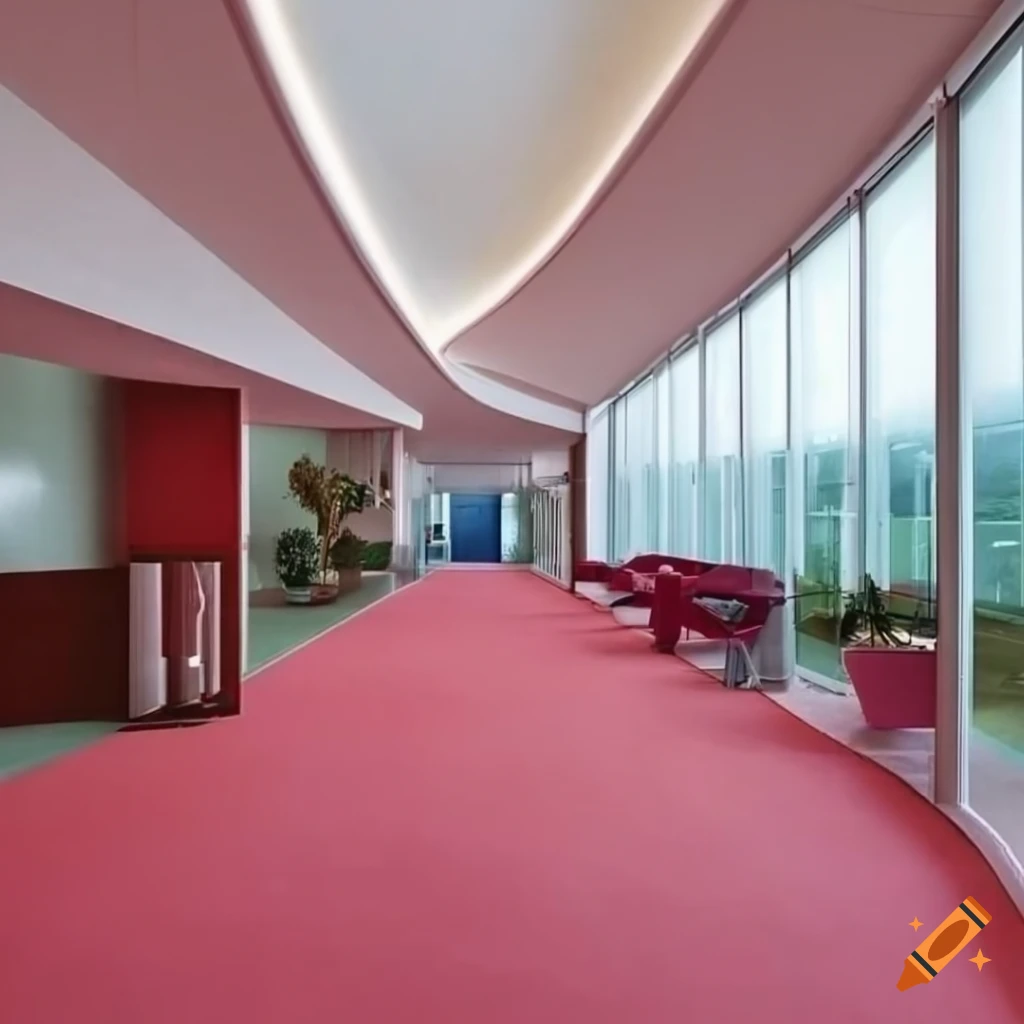 Pastel-colored hotel lobby with mid century modern interior on Craiyon