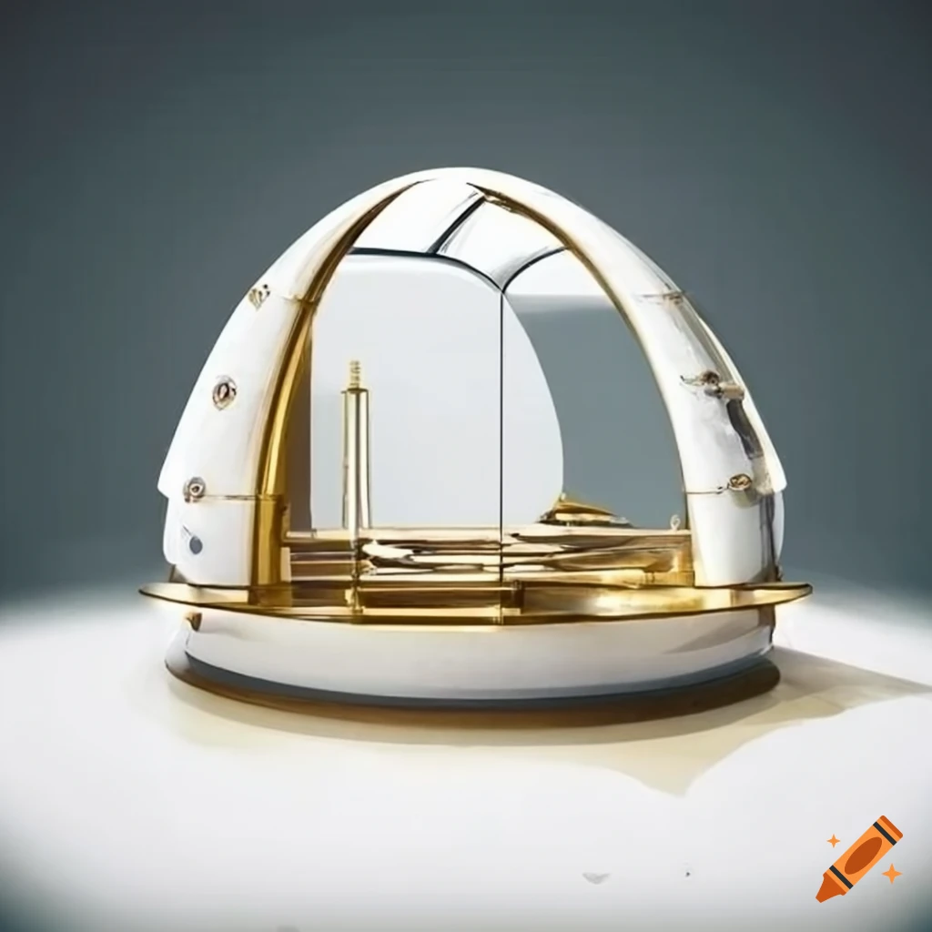 Retro futuristic technical drawing of a marble and brass living pod on ...
