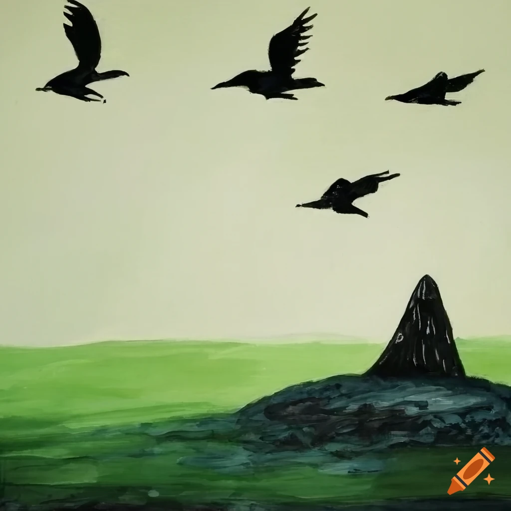 Expressionist painting of crows flying over a green field on Craiyon