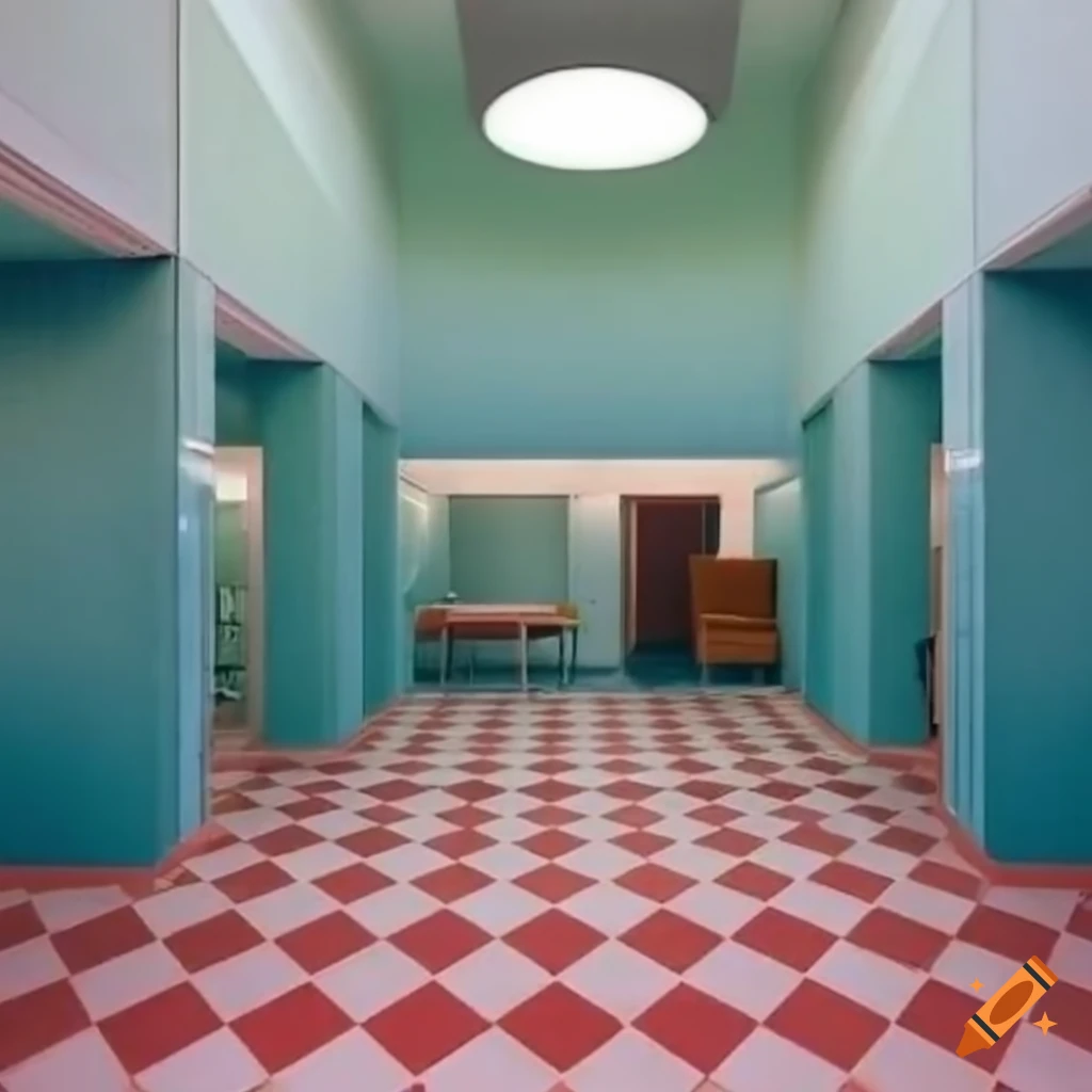 Surrealistic hotel lobby with pastel candy colors and tiled floors on ...