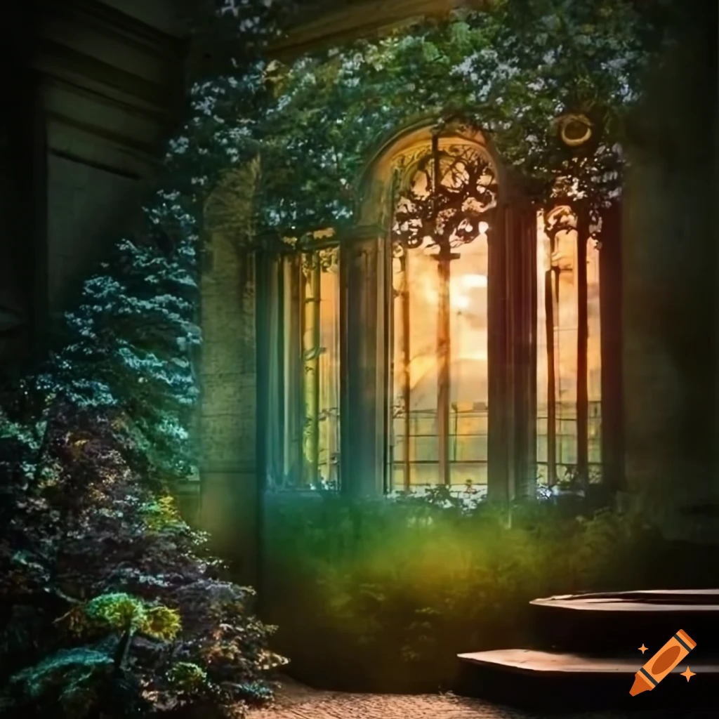 View of a garden house through crystal windows on Craiyon