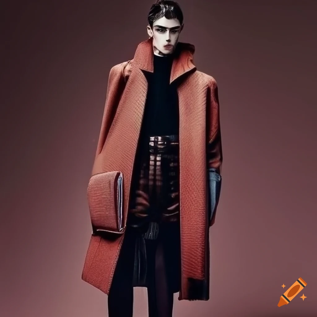 Male model in retro futurism inspired fashion on a runway on Craiyon