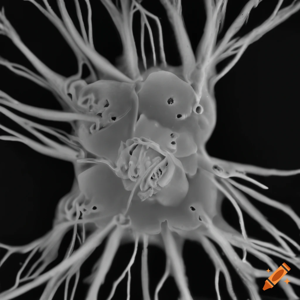 Black and white close-up of a Cobaea flower under electron microscopy ...