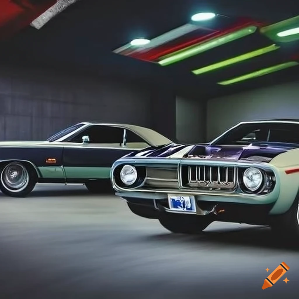 Garage scene with a plymouth cuda concept car