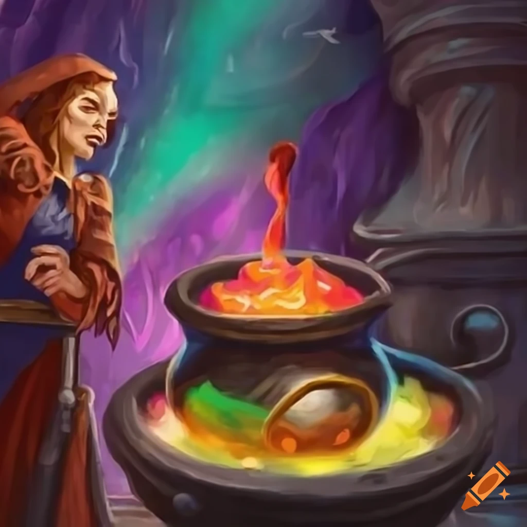 Art of a wizard brewing a rainbow potion on Craiyon