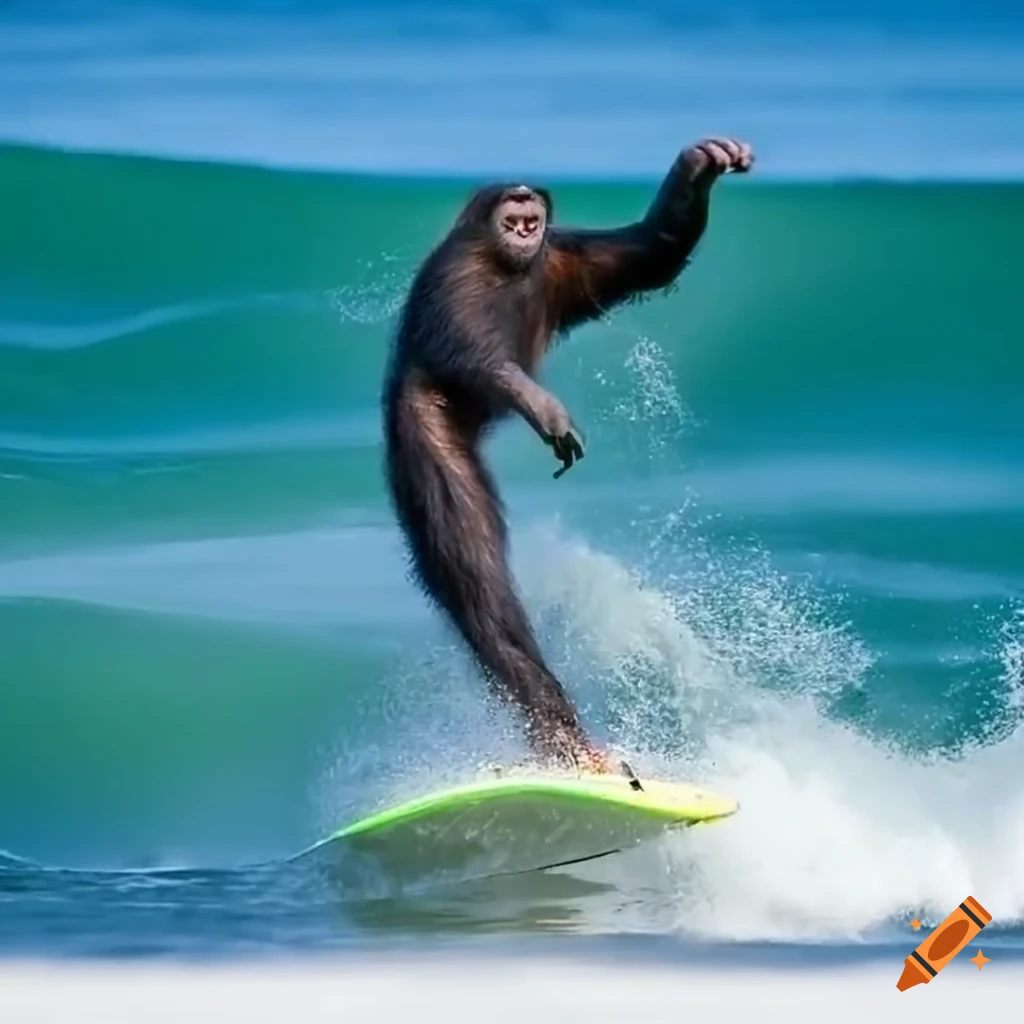 Playful orangutan racing a colorful jet ski on Craiyon