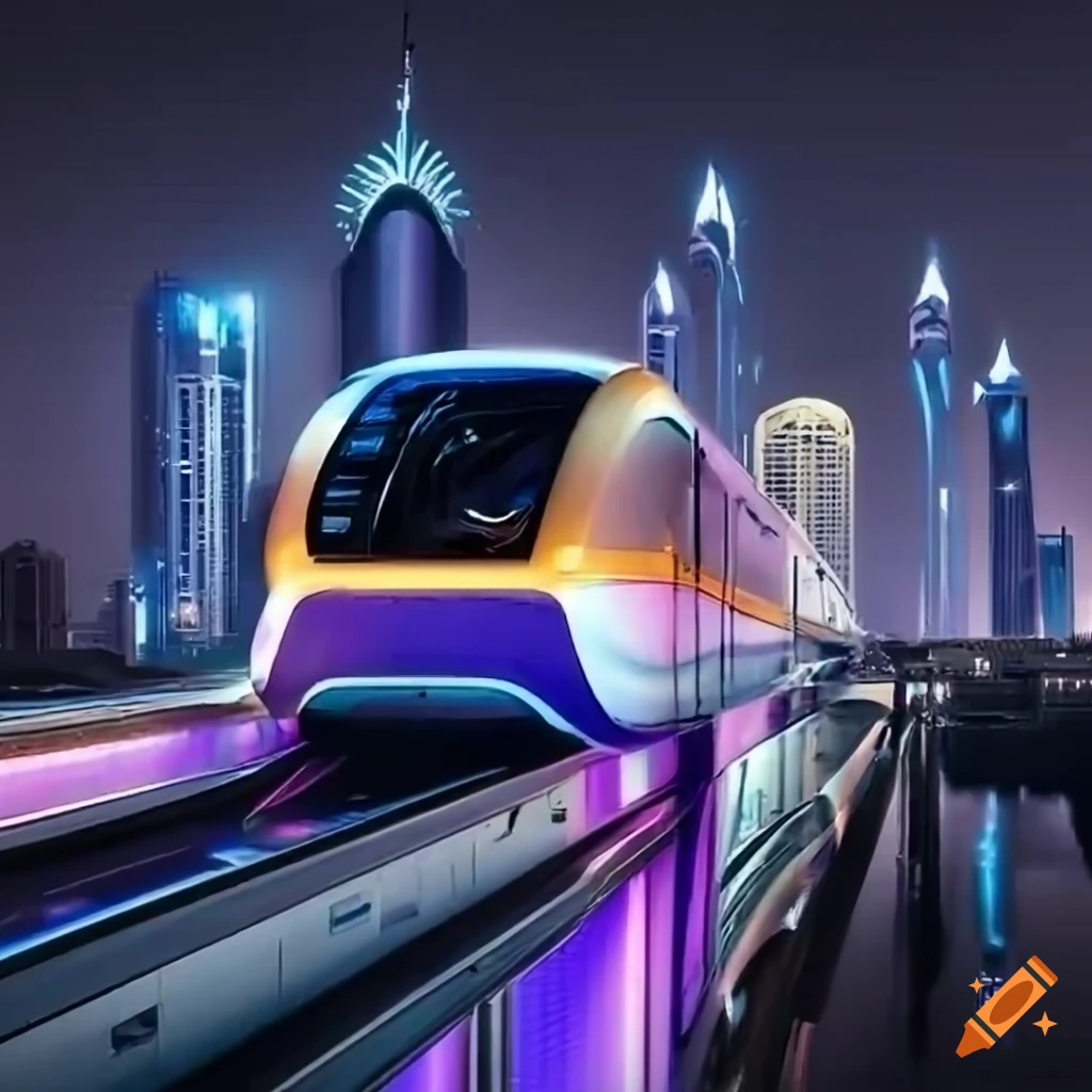 Hyperrealistic night view of monorail in Dubai city on Craiyon