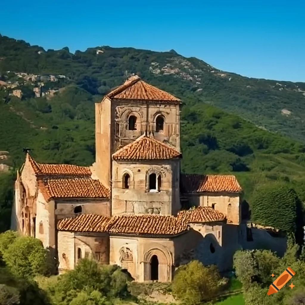 Aerial view of a Romanesque monastery in a Mediterranean landscape on ...