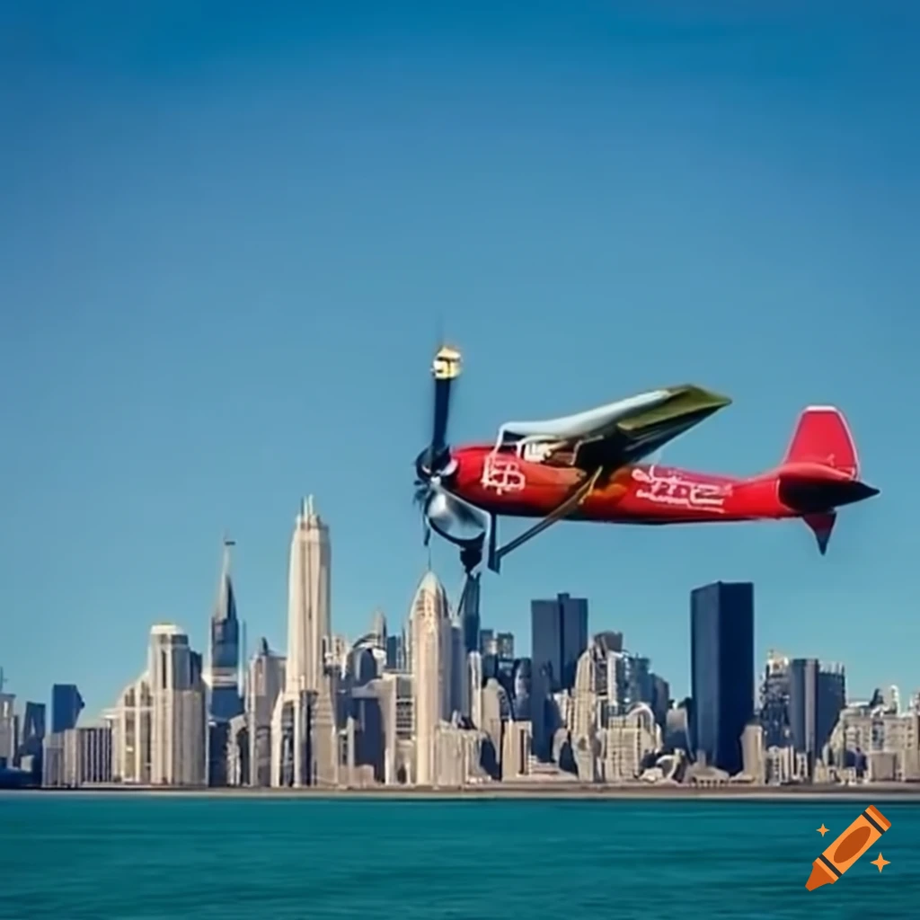 Propeller plane flying over Chicago skyline on Craiyon
