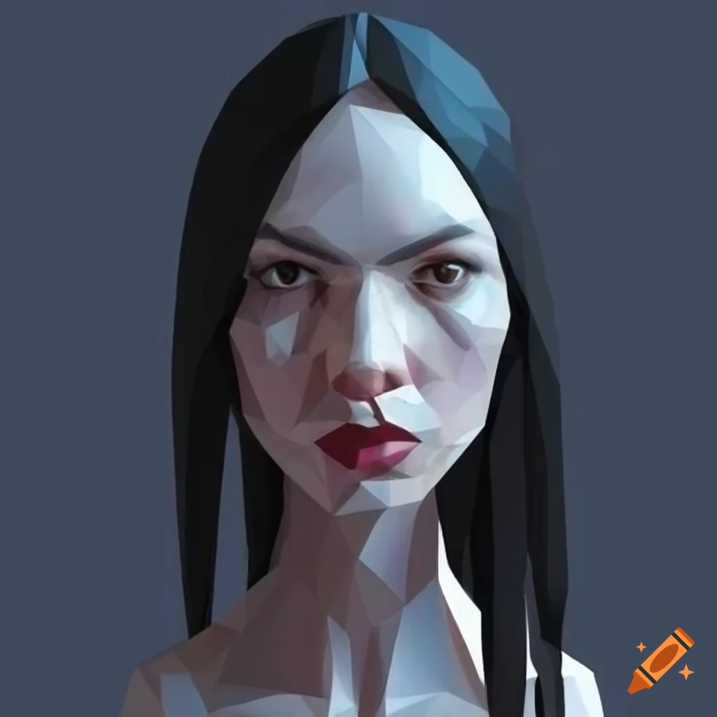 Low poly portrait of a woman with long black hair on Craiyon