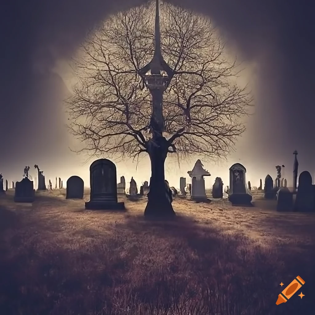 Image of a graveyard with a tree of life on Craiyon