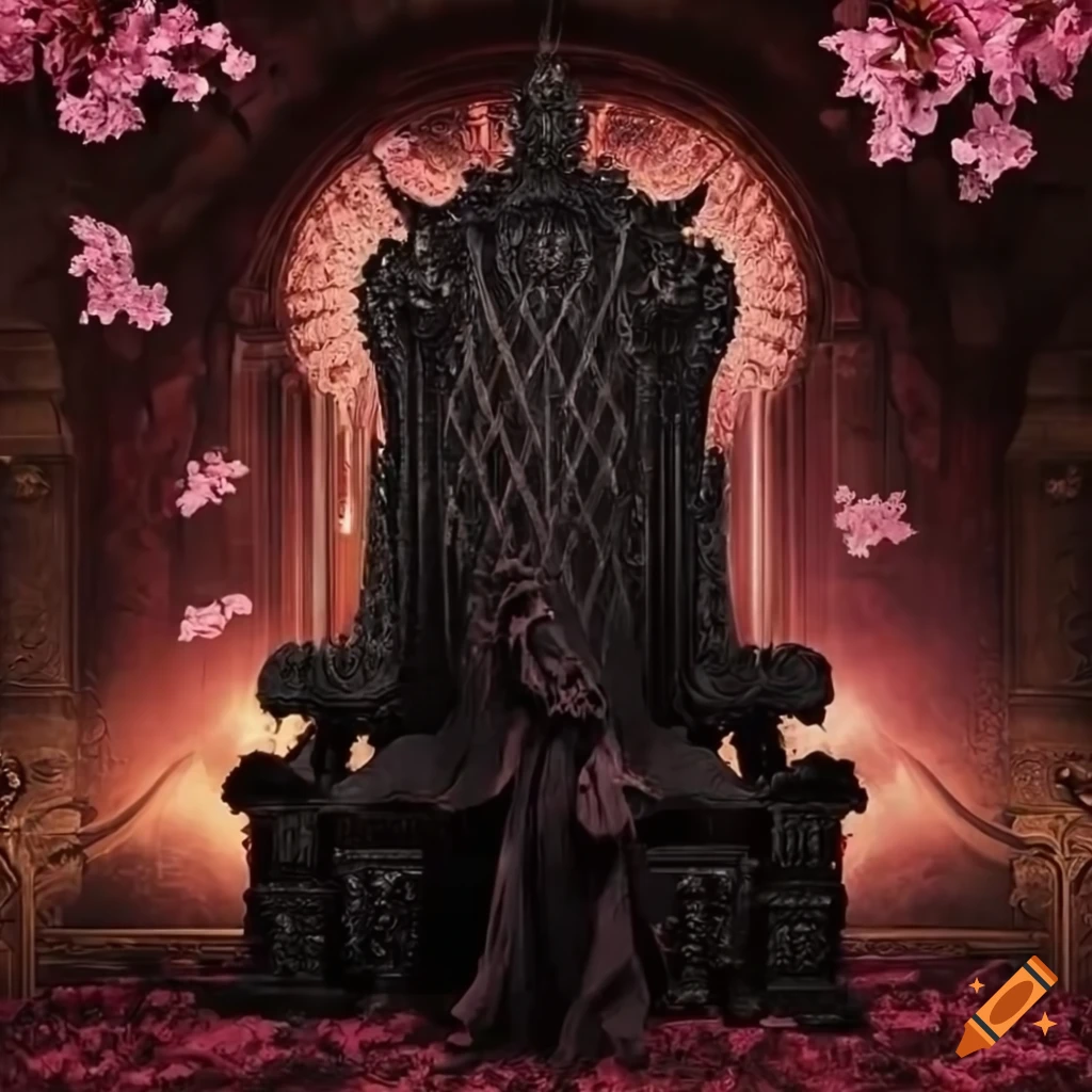 Dark throne room with sakura tree and falling cherry blossom leaves on ...