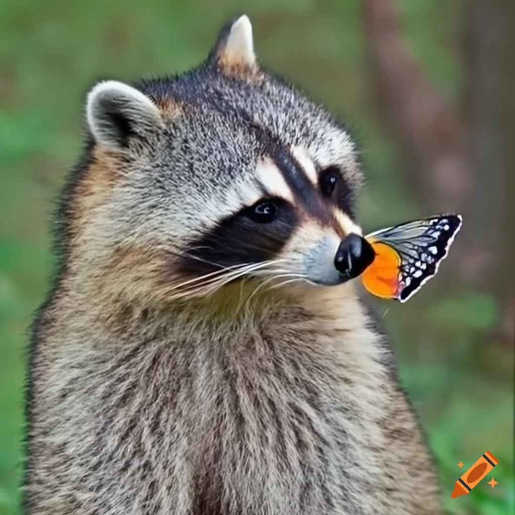Raccoon with a butterfly on its nose on Craiyon