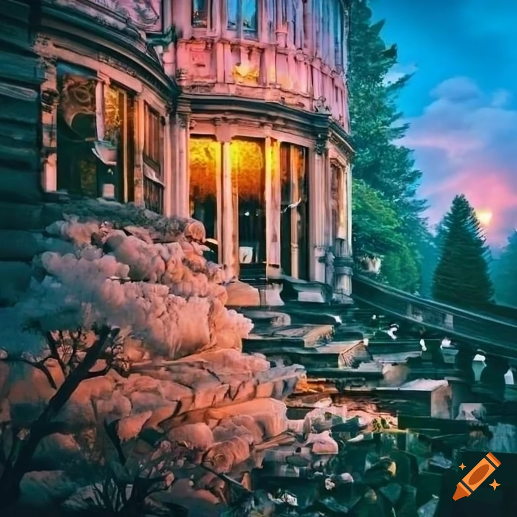 Dawn scenery of a garden house with crystal windows on Craiyon