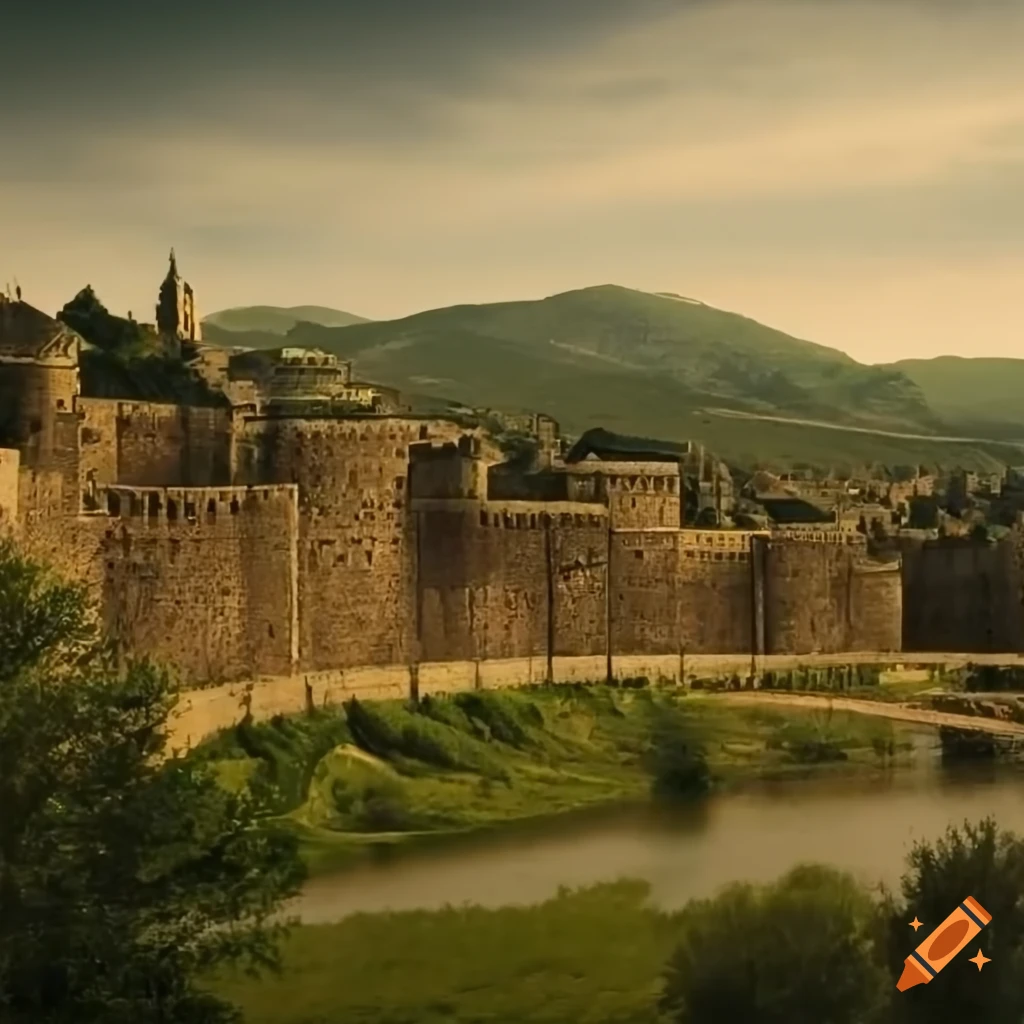 Medieval style map with mountains, river, and circular city on Craiyon