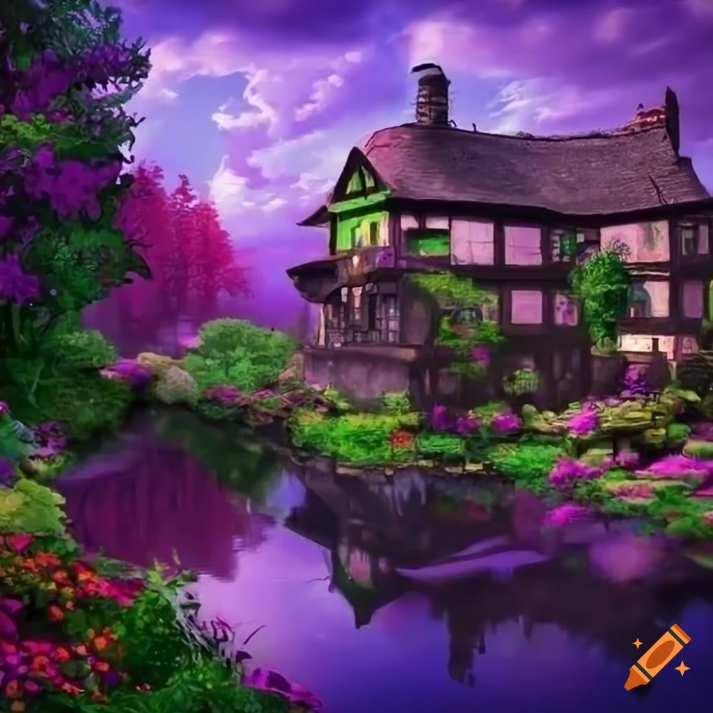 Colorful and vibrant fantasy world with medieval town and flowers on ...