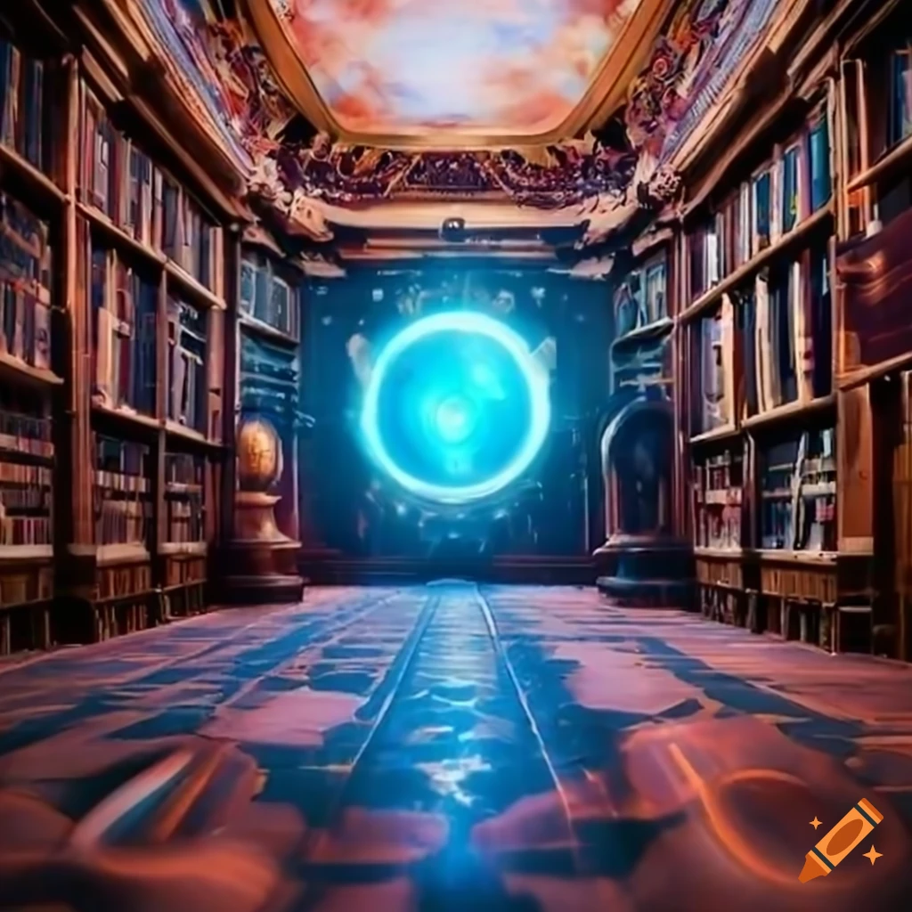 Illustration of a magical portal in a library on Craiyon