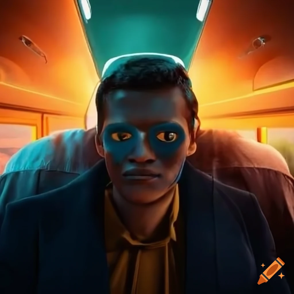 Man sitting in a futuristic bus with wooden face on Craiyon