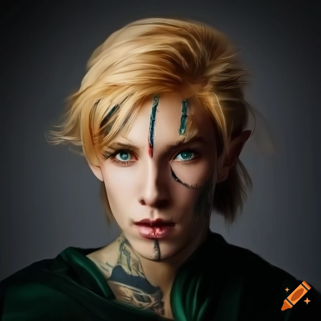 Portrait of a half-elf male with tan skin and heterochromia on Craiyon