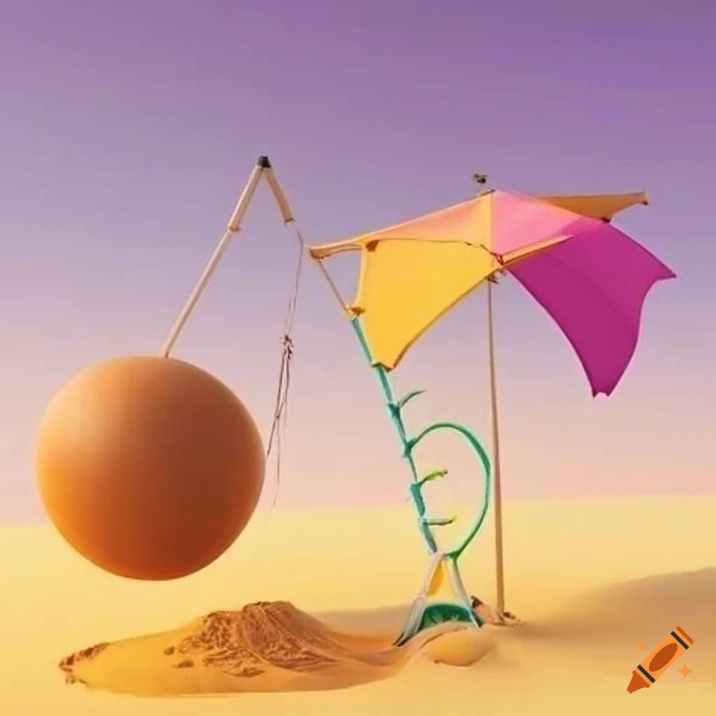 Colorful surrealist playground with sand square and various structures ...