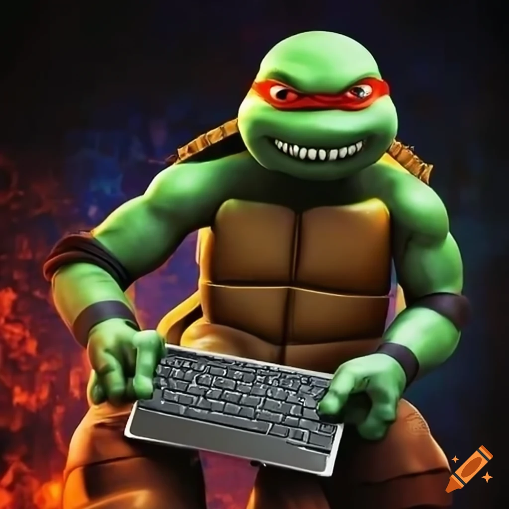 Ninja turtle using a laptop