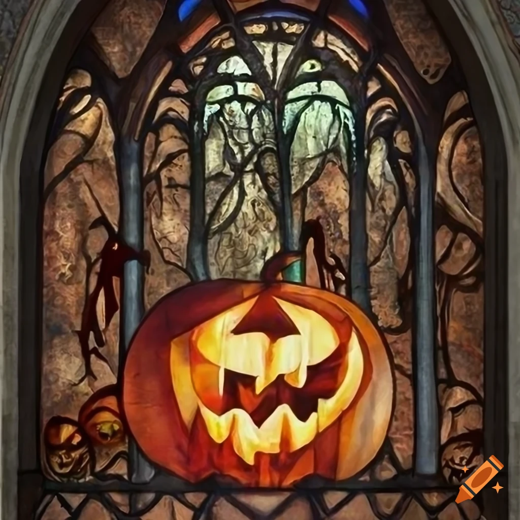 Stained glass depiction of a halloween crypt on Craiyon