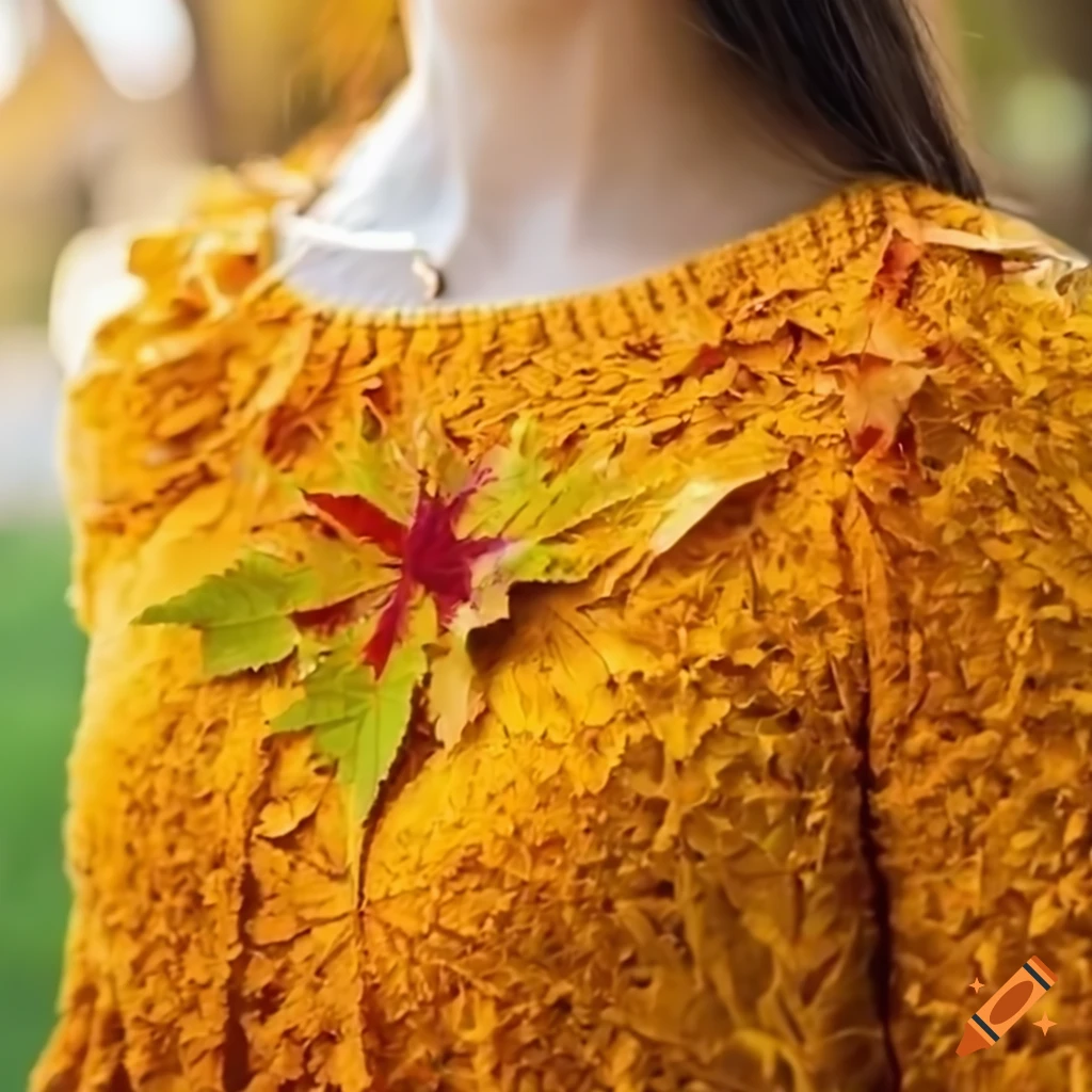 Close-up photography of a woman in a dress made of autumn leaves