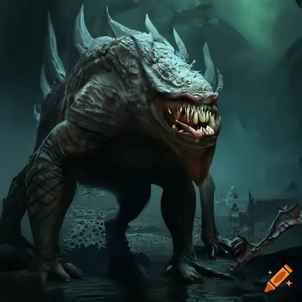 Illustration of a detailed fantasy monster with scales and teeth on Craiyon