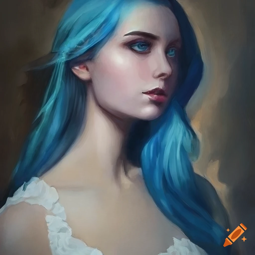 Close-up portrait of a woman with blue and dark hair on Craiyon