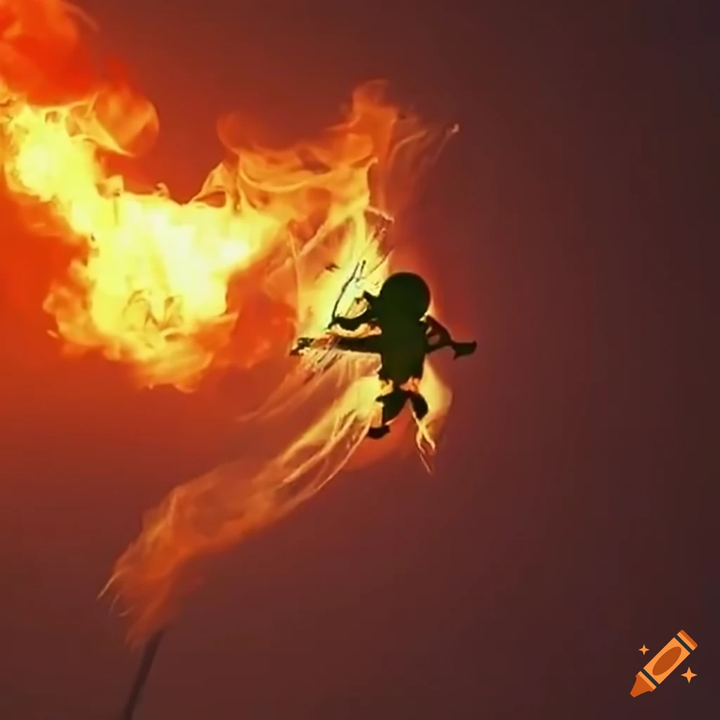 Illustration of a flaming parasailing goblin