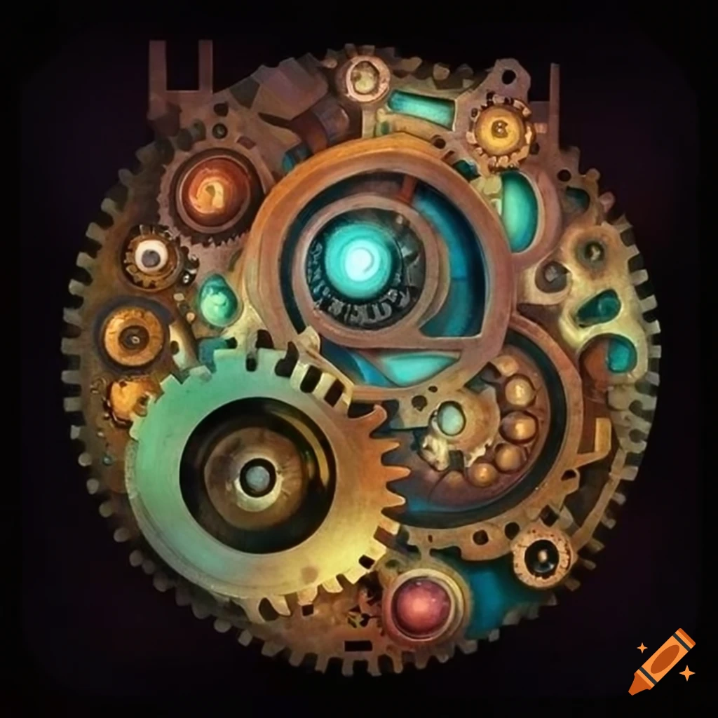 Round metal steampunk clockwork with sharp corners