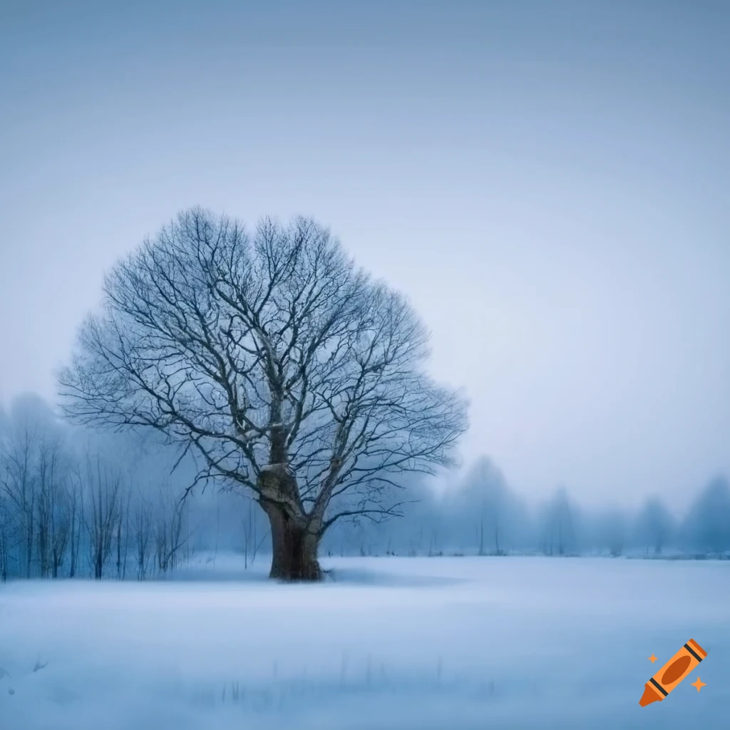 Snow-covered tree in a misty winter meadow