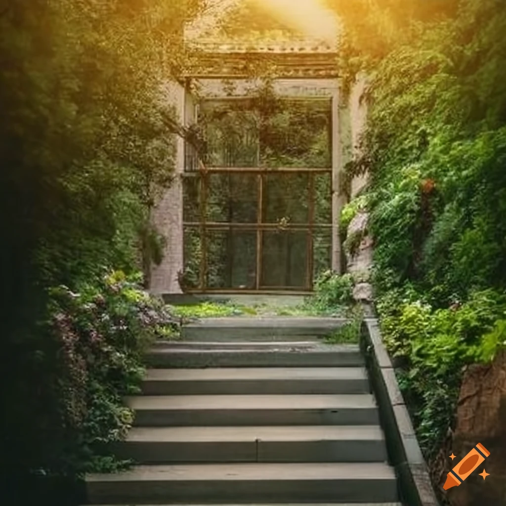 Window view of a garden house surrounded by trees at dawn on Craiyon
