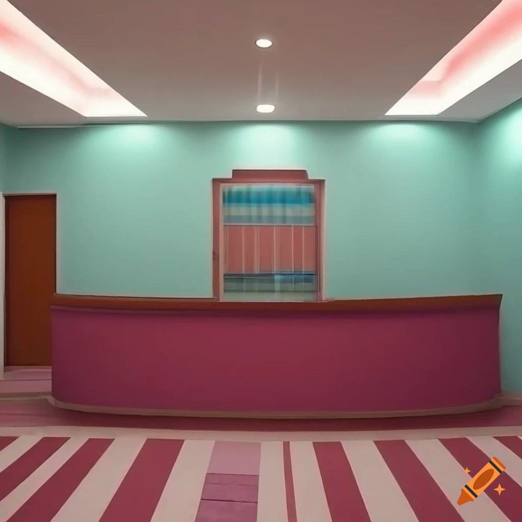 Surrealistic hotel lobby with pastel candy colors on Craiyon