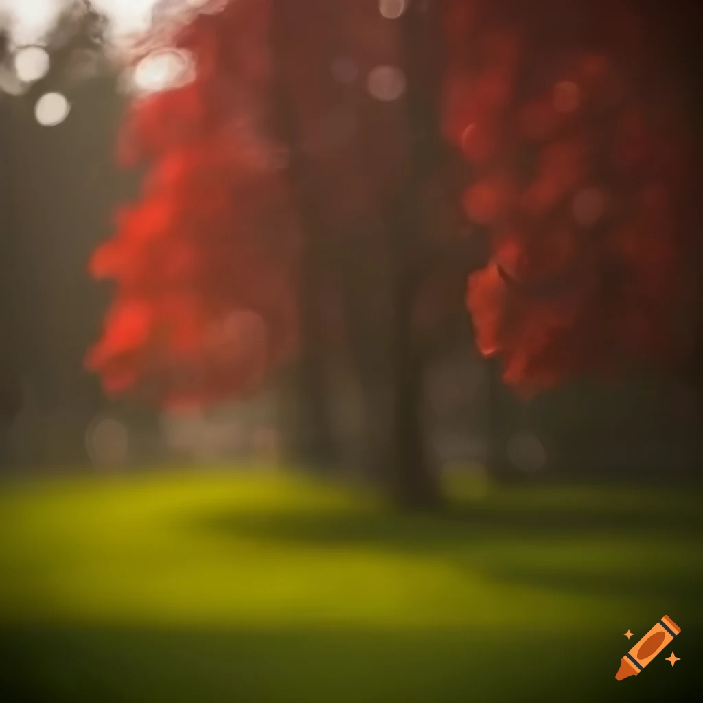 Lush green and red garden with hazy atmosphere on Craiyon