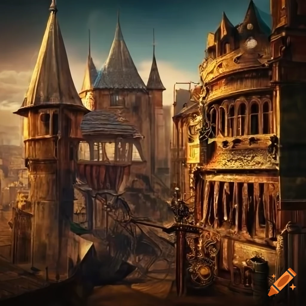 Aerial view of a steampunk medieval market on Craiyon