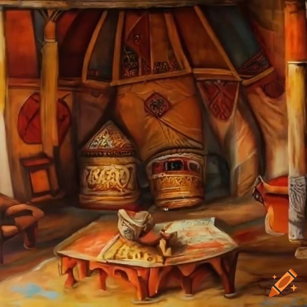 Realistic depiction of pre islamic turkic yurt interior and war map on ...