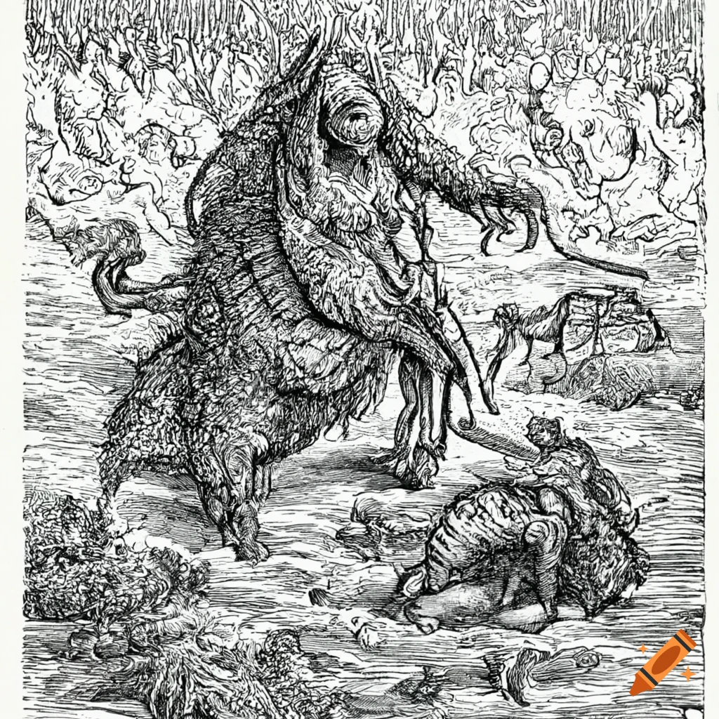 Tower swamp creatures in a black and white acid etching by kittelsen on ...