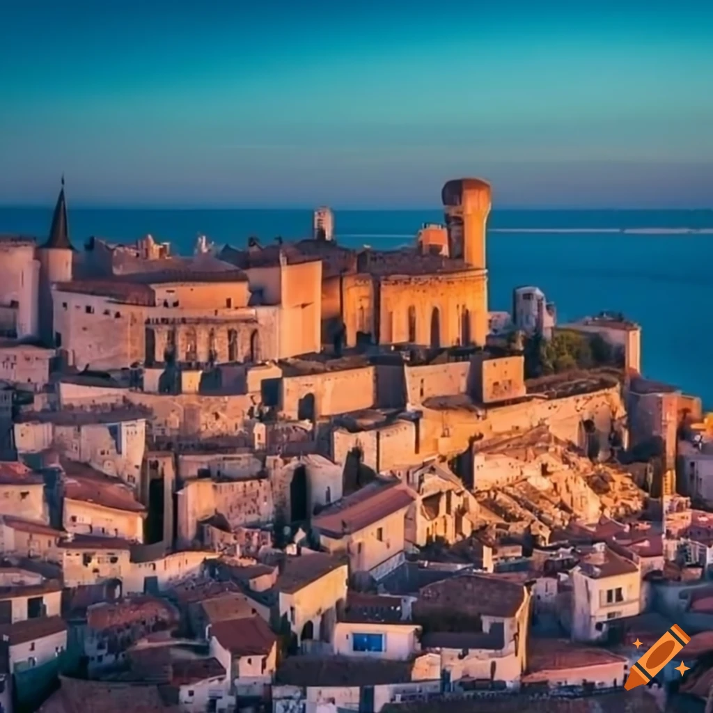 Aerial view of an old city and citadel by the mediterranean