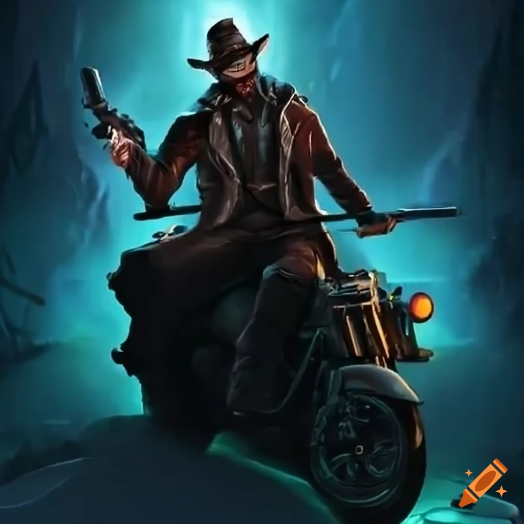 Image of a male android gunslinger on a motorcycle on Craiyon