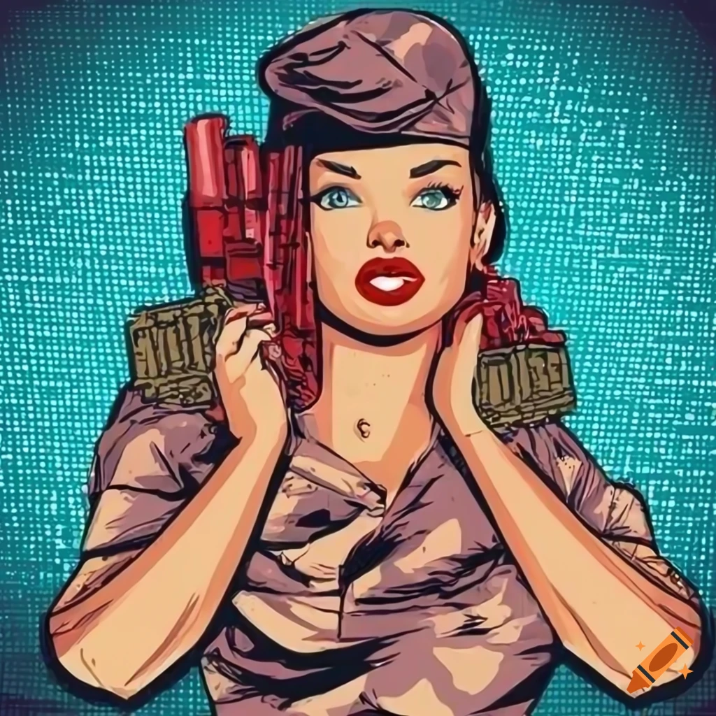 Pop art pin-up illustration of a military girl on Craiyon