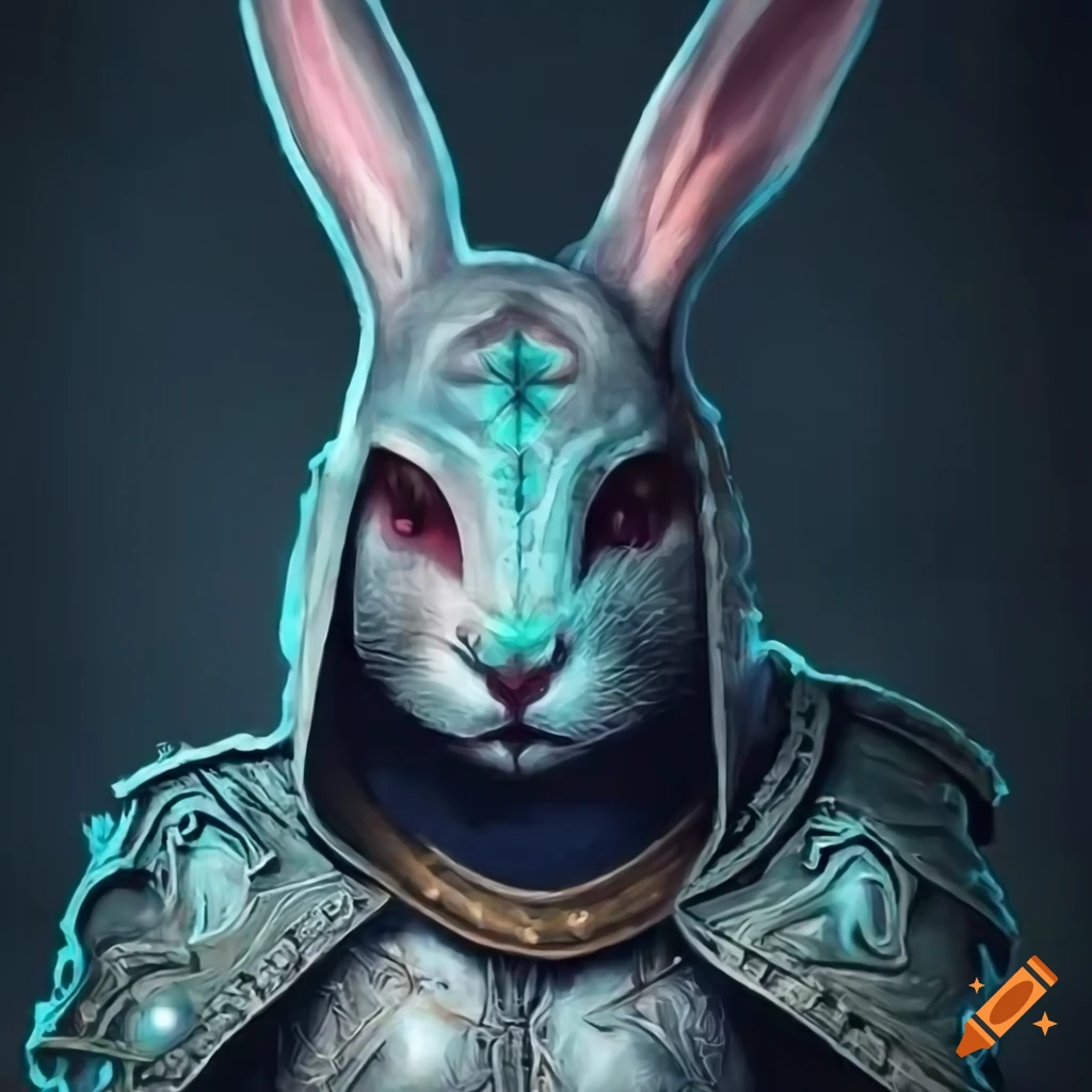 Portrait of a rabbit-person warrior with magical armor and a closed ...