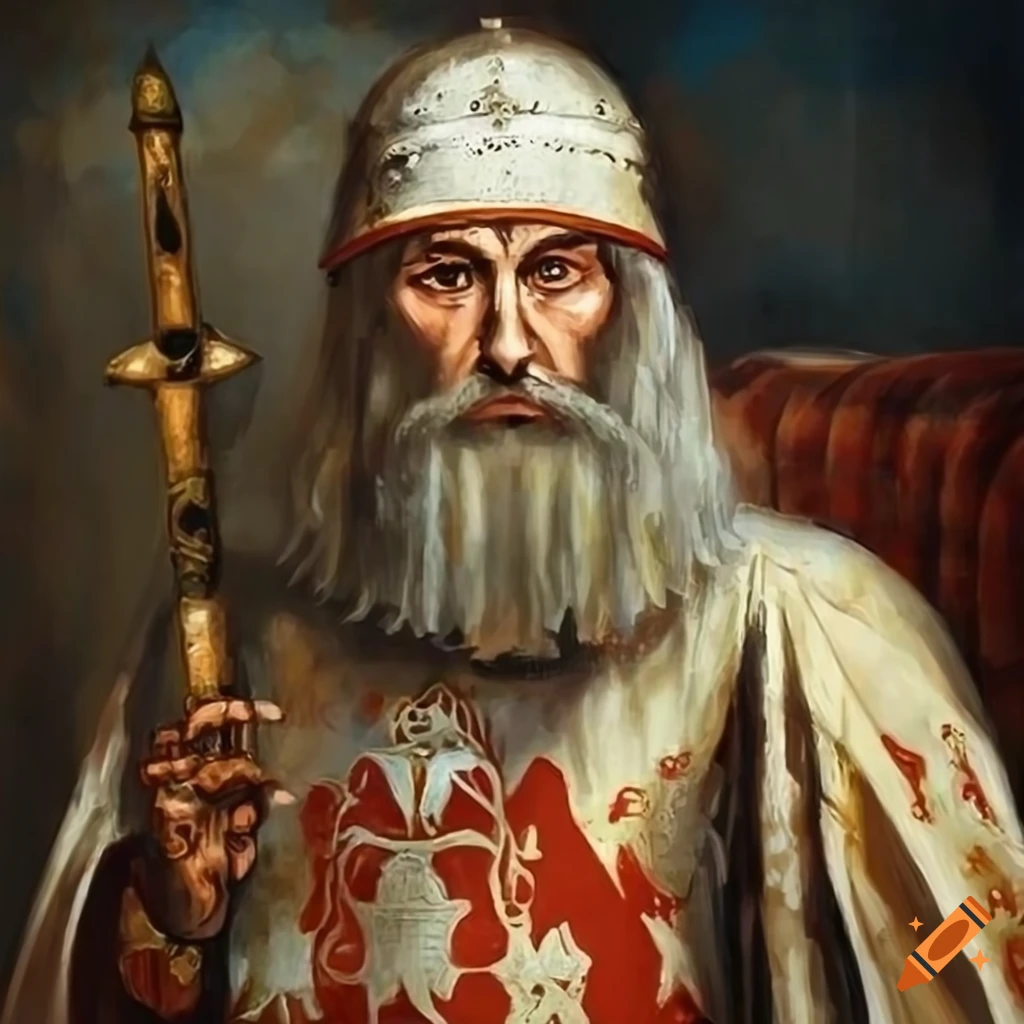 Painting of a slavic emperor in mythological attire on Craiyon